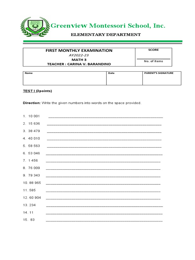 Grade 3 Math Monthly Exam Guide | PDF