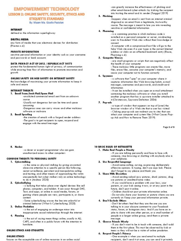 Emptech Lesson 2 Online Safety Security Ethics and Etiquette | PDF | Malware | Phishing
