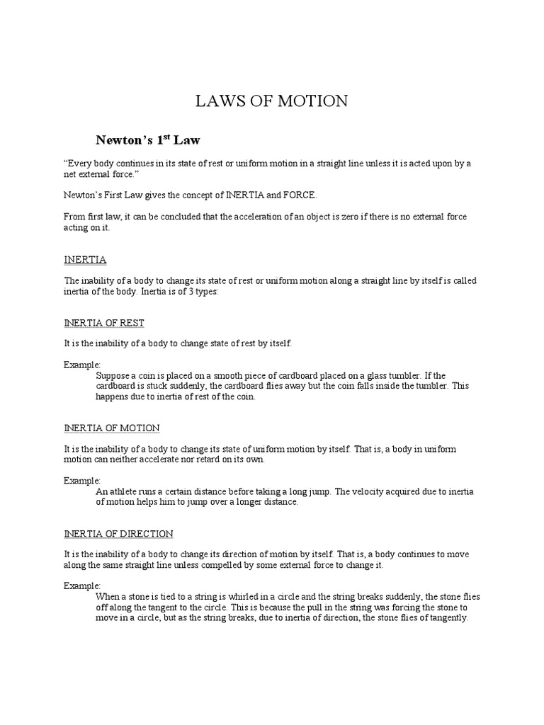LAWS OF MOTION - NOTES Grade 11 | PDF | Inertia | Friction
