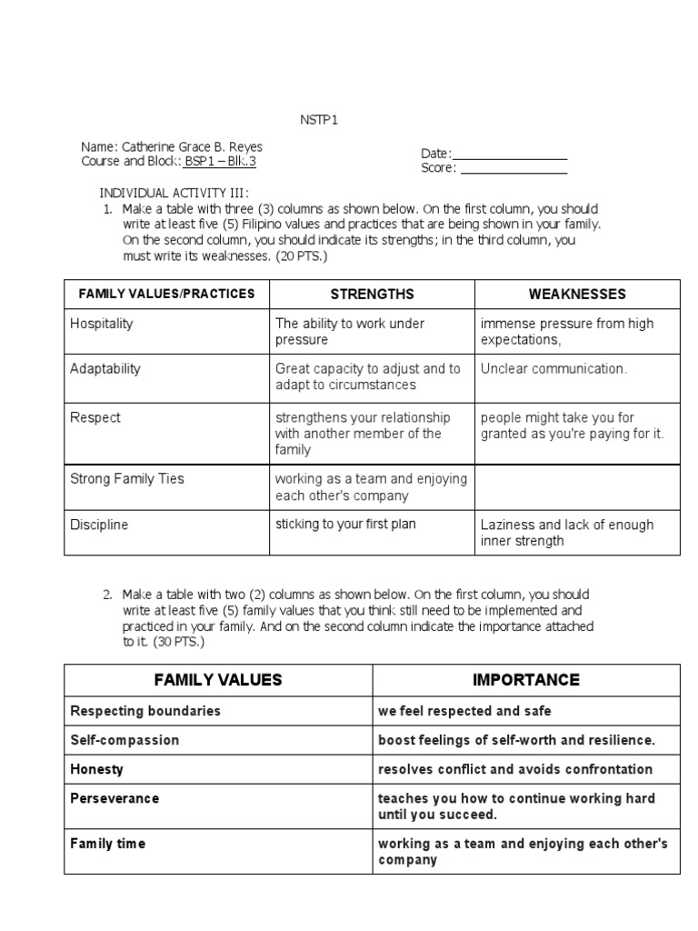 Activity 3 Family Values | PDF | Social Psychology | Behavioural Sciences