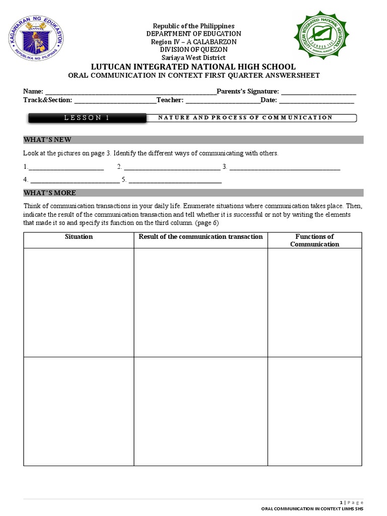 First QTR Answer Sheets | PDF | Communication | Nonverbal Communication
