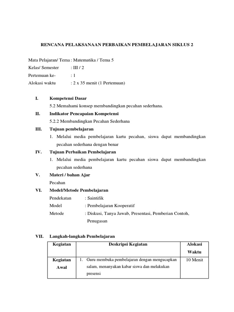 Contoh RPP Perbaikan Siklus 2 | PDF