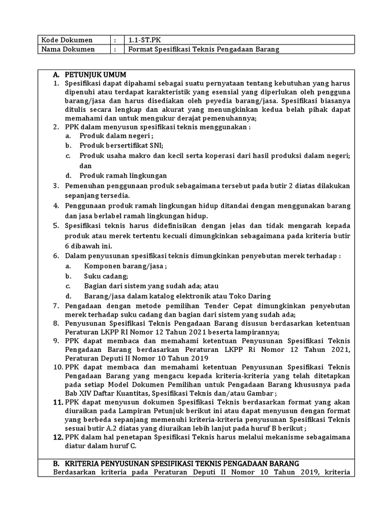 Format Spesifikasi Teknis Pengadaan Barang | PDF