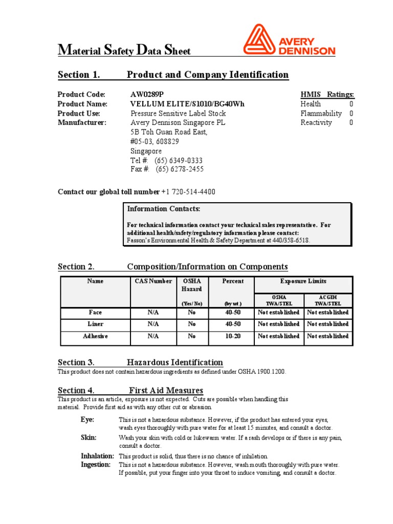 MSDS Avery Dennison | PDF | Firefighting | Personal Protective Equipment