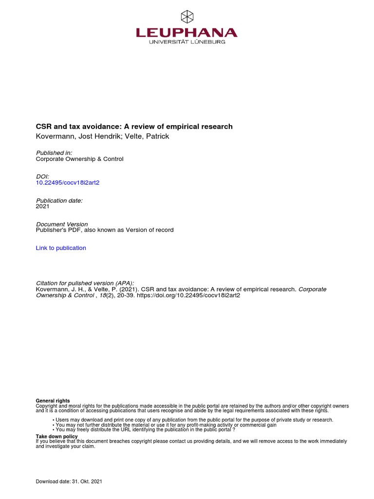 Kovermann 2021. CSR and Tax Avoidance | PDF | Corporate Social Responsibility | Taxes