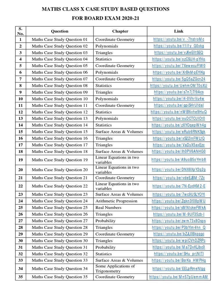 Maths Class X Case Study Based 35 Questions | Download Free PDF ...
