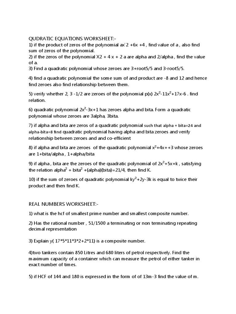 WORKSHEET Questions | PDF | Polynomial | Quadratic Equation