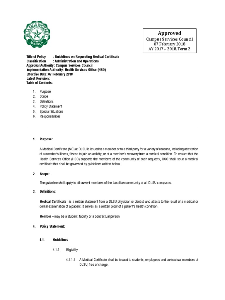 DLSU Medical Certificate Guidelines | PDF | Physician | Public Services