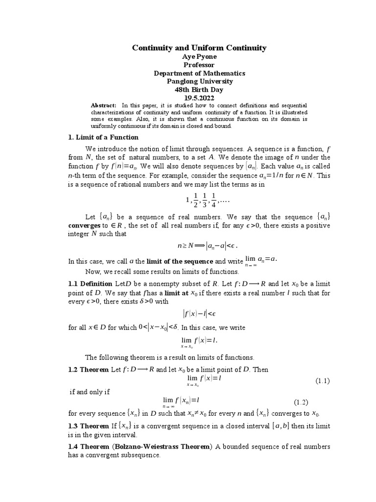 Continuity and Uniform Continuity | PDF | Continuous Function | Sequence