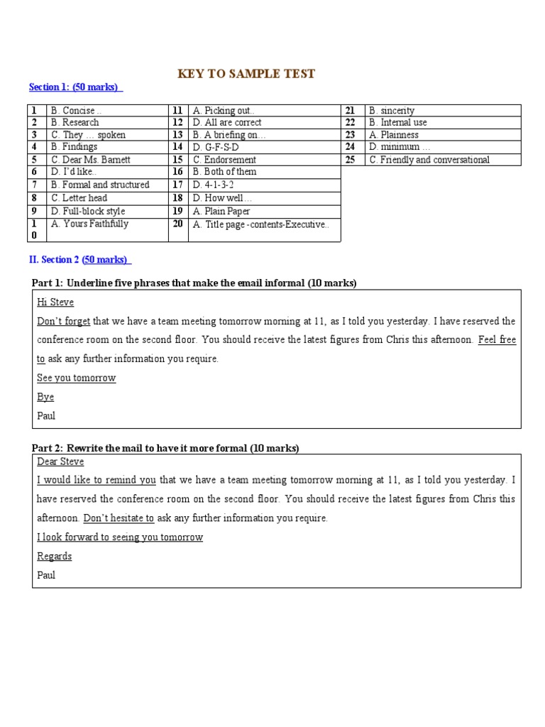 Key (Sample Test) | PDF