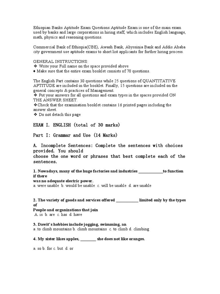 Aptitude Exam Preparation: Sample Questions from Ethiopian Banks | PDF ...