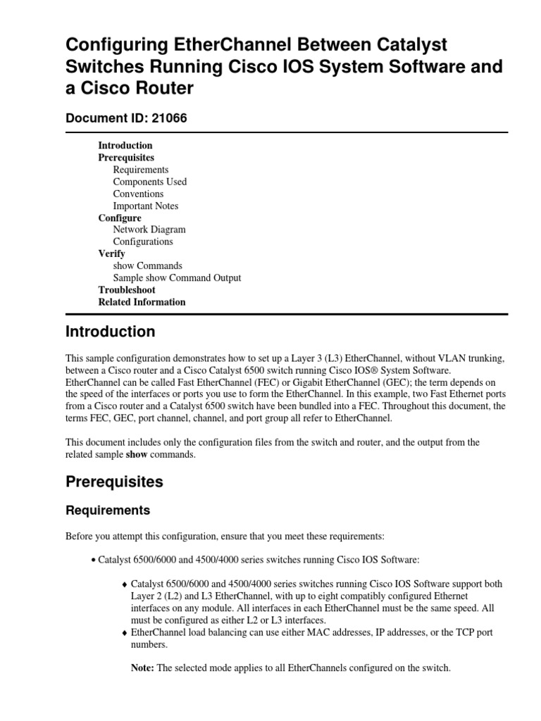 Configuring Etherchannel Between Catalyst Switches Running Cisco Ios System Software and A Cisco ...