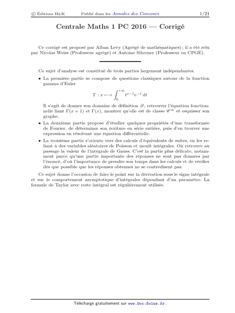 PC MATHS CENTRALE 1 2016.extrait | PDF | Intégral | Limite (mathématiques)