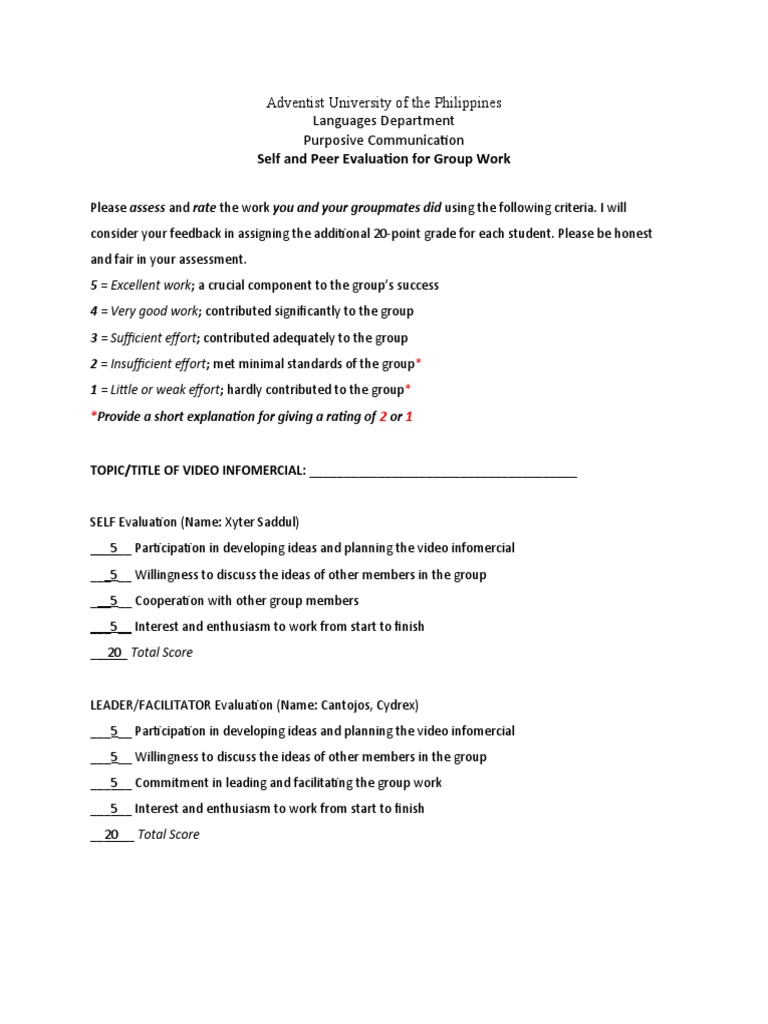 Pc Self And Peer Evaluation Pdf Education Theory Psychology