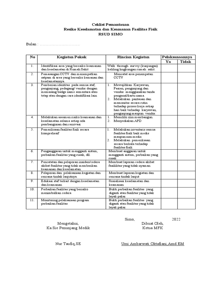 Ceklis Pemantauan Resiko Keselamatan & Keamanan RS | PDF | Komputer