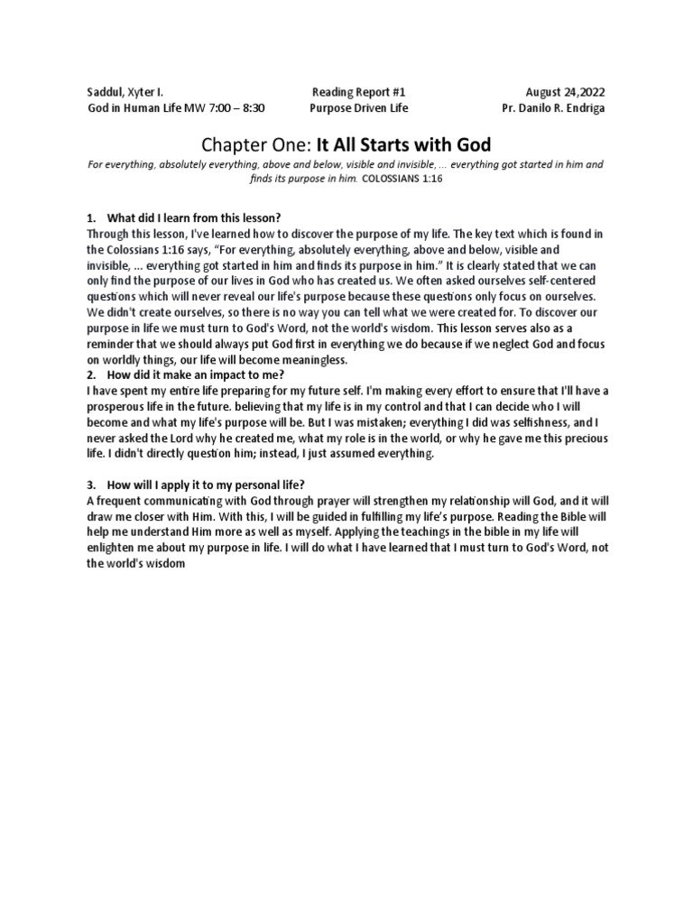 Discovering Life's Purpose Through God: A Reading Report on Chapter One ...