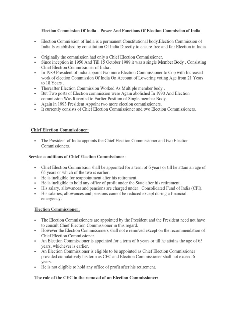 Powers and Functions of Election Commission | PDF | Elections ...