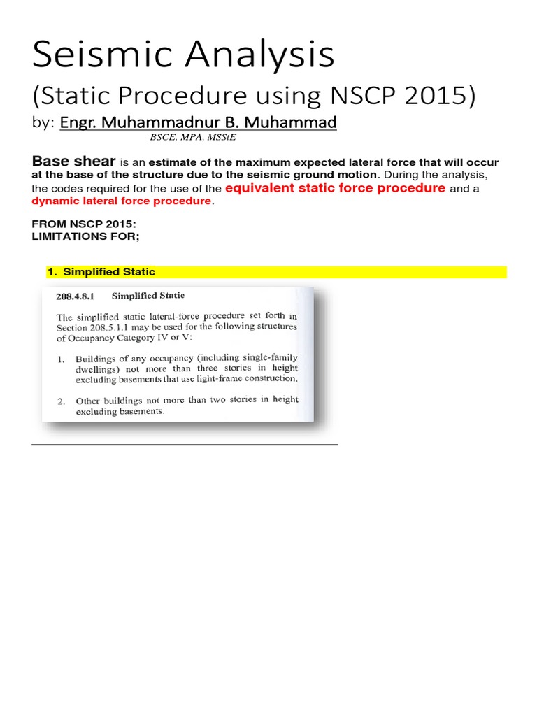 LESSON On Seismic Analysis (Static Procedure, NSCP 2015) BASE SHEAR ...