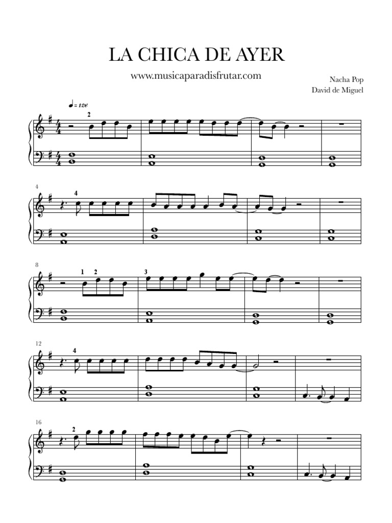 Partitura Piano - La Chica de Ayer - Nacha Pop | PDF Partitura Piano - La Chica de Ayer - Nacha Pop | PDF