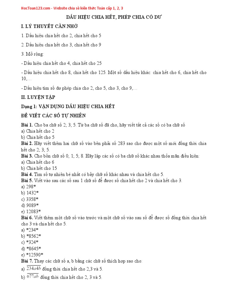 Bai Tap Dau Hieu Chia Het Phep Chia Co Du | PDF