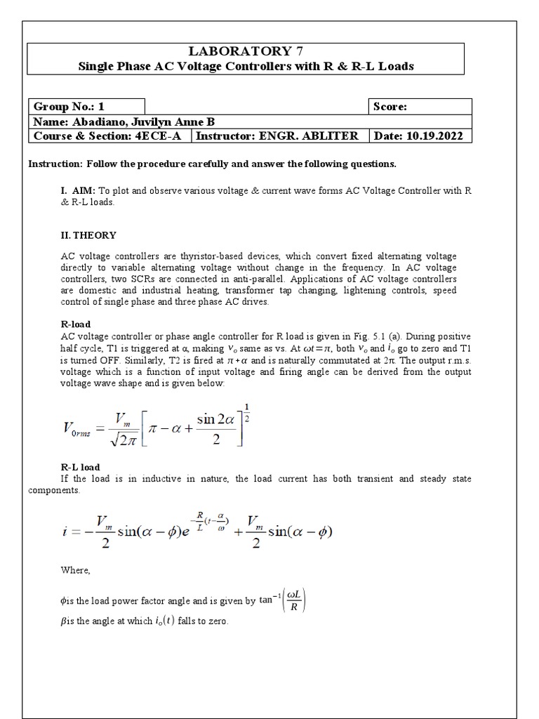 Laboratory 7 - Single Phase AC Voltage Controllers With R & R-L Loads | PDF | Alternating ...