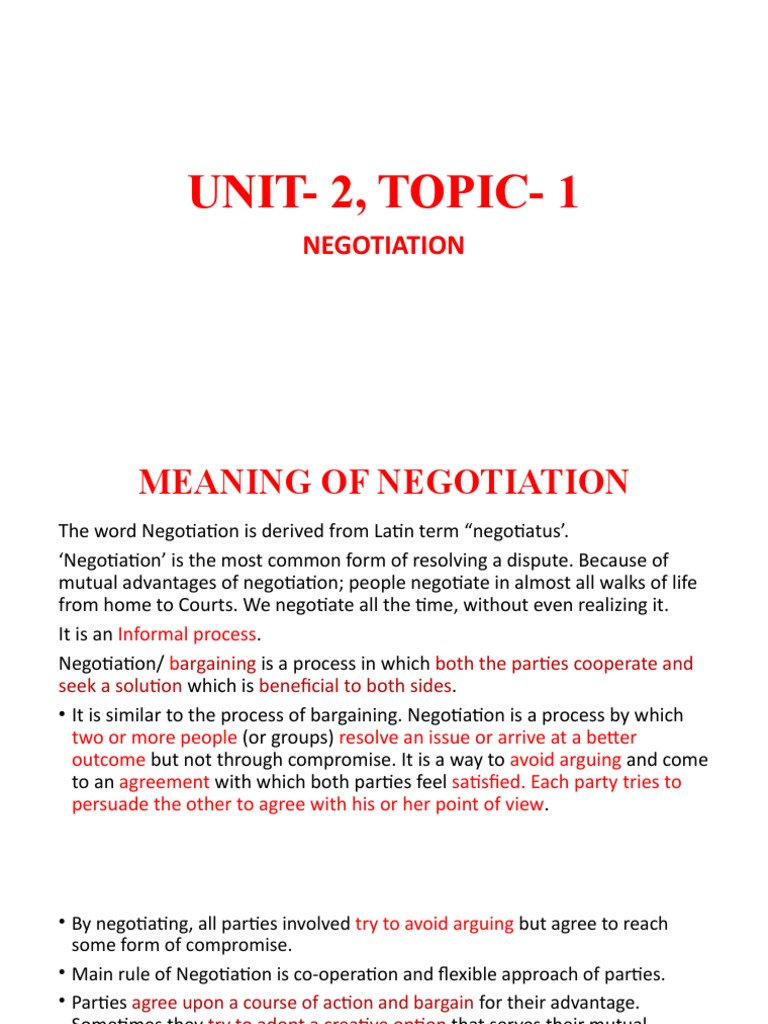 Unit - 2, Topic - 1 Negotiation | PDF | Negotiation | Psychological ...