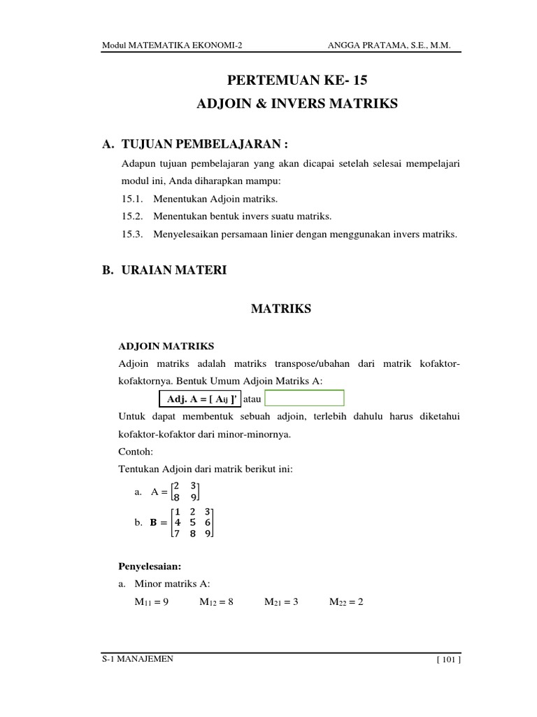 Pertemuan - 15 Adjoin Dan Invers Matriks | PDF | Metode & Bahan Ajar