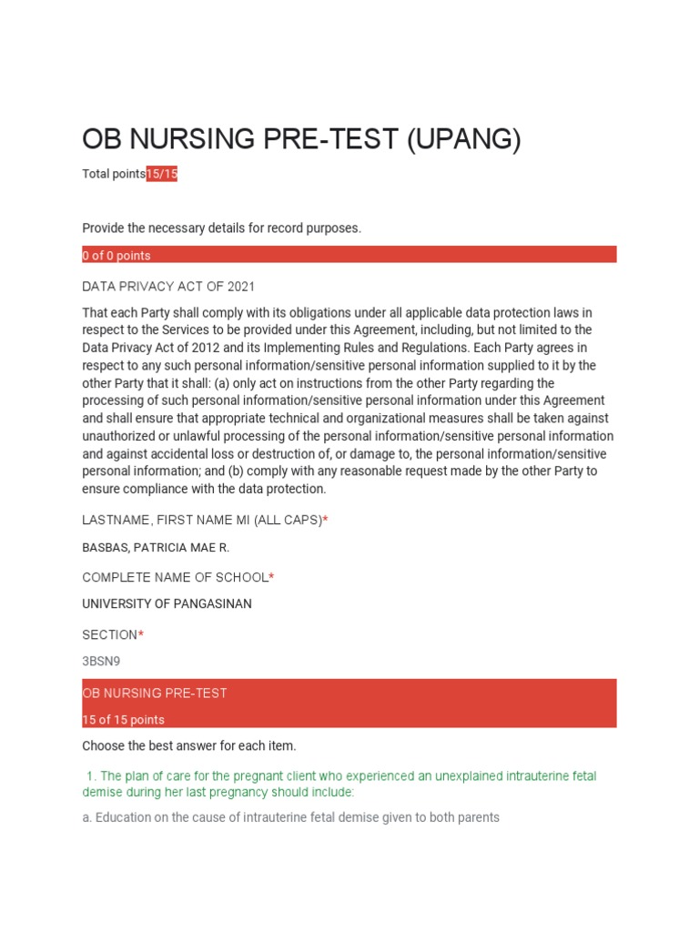 Ob Pre Test Assessment | PDF | Childbirth | Pregnancy