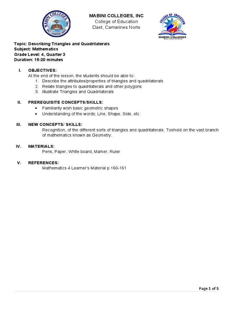 Describing-Triangles-and-Quadrilaterals-DLP MY FINAL LP | PDF | Shape | Triangle