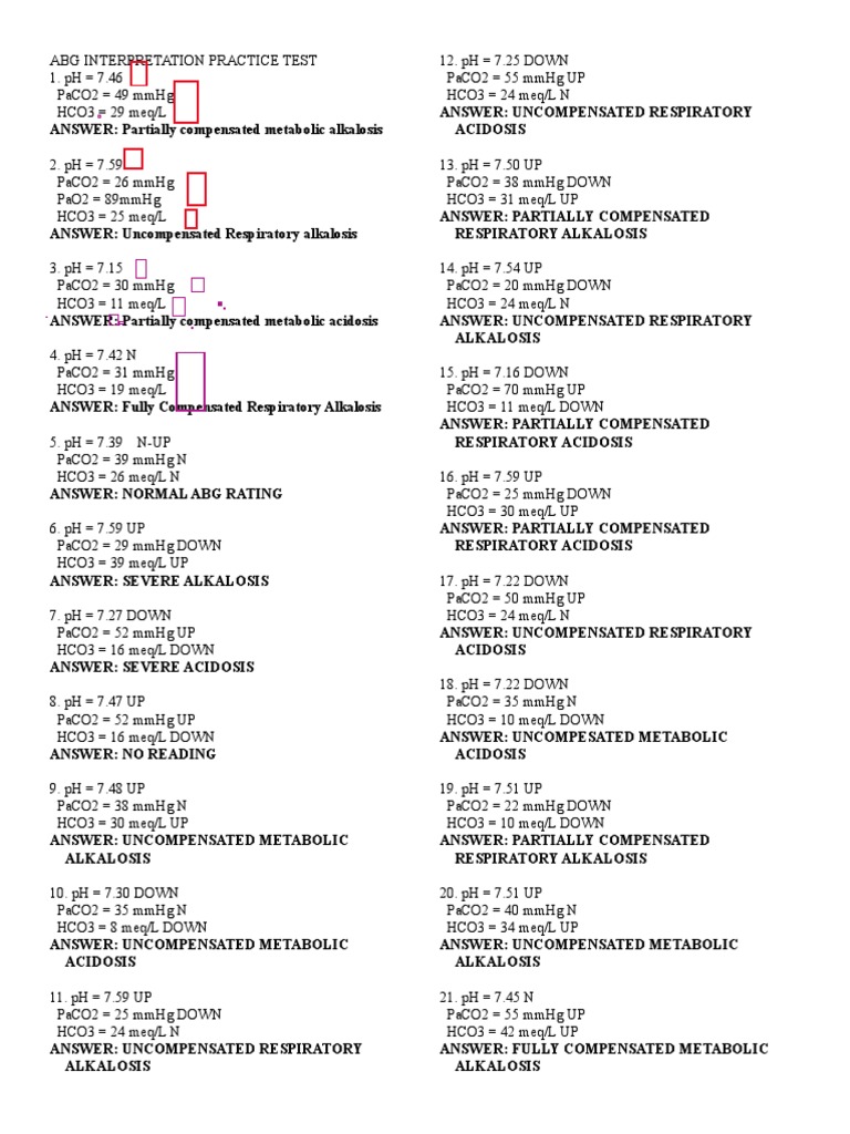ABG Interpretation Practice Test | PDF | Medical Specialties | Diseases ...