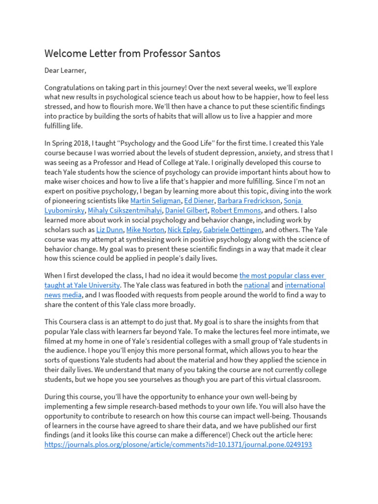Welcome Letter From Professor Santos | Download Free PDF | Positive ...