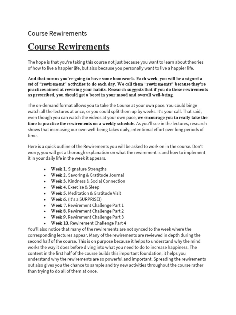 An Outline of Weekly Rewirement Activities to Increase Happiness ...
