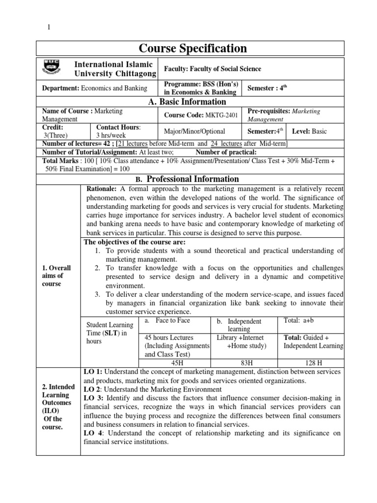 Course Specification-MKTG-2401 - MSH | PDF | Marketing | Pricing