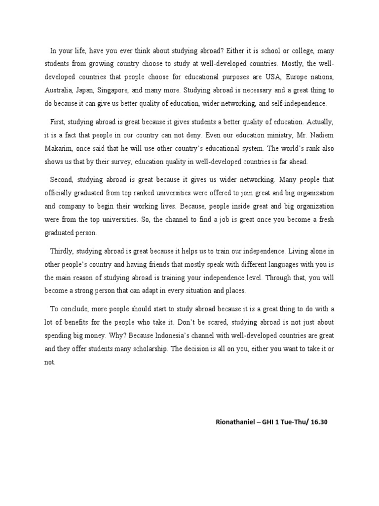 Essay About Studying Abroad - Rionathaniel - GHI1 | PDF