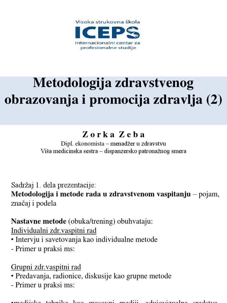 Metodologija Zdravstvenog Obrazovanja i Promocija Zdravlja Struk. Med. Sestra Spec Zeba Zorka | PDF