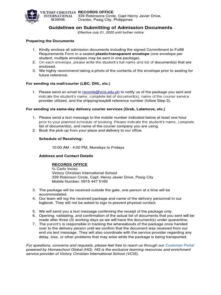 VCIS Guidelines in Submitting Documents | PDF | Courier | Text Messaging