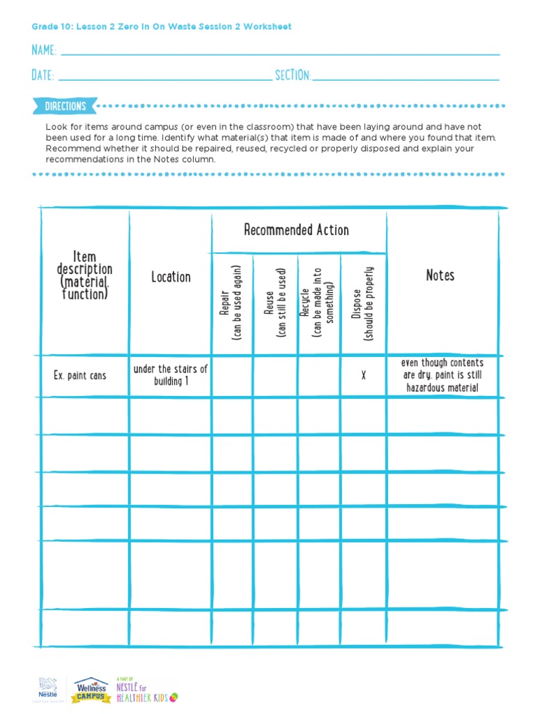 Lesson 2 Zero in On Waste Session 1 Worksheet | PDF | Recycling | Materials