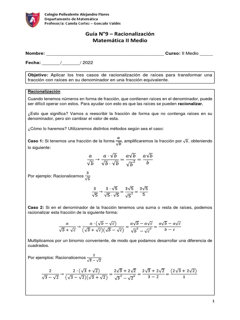 Guía N°9 Racionalización Ii Medio Pdf Notación Matemática Álgebra