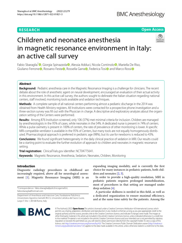 Children and Neonates Anesthesia in Magnetic Resonance Environment in ...
