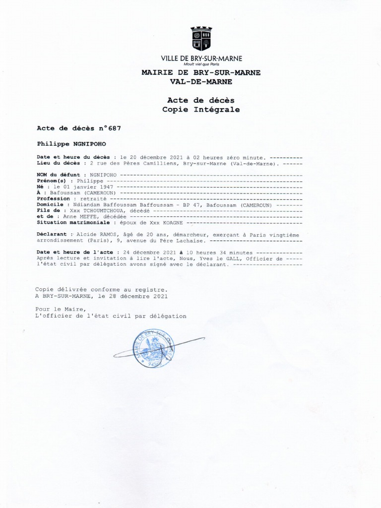 Acte de Deces Ngnipoho 001 | PDF