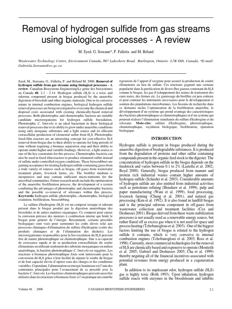 Removal of Hydrogen Sulfide From Gas STR | PDF | Biogas | Anaerobic ...