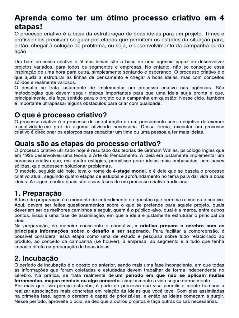 4 Etapas do Processo Criativo | PDF | Pensamento | Mente