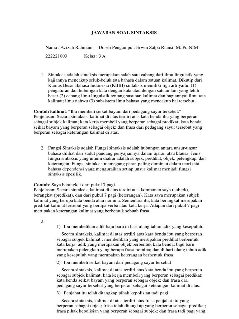 Jawaban Soal Sintaksis Dan Laporan Baca 2 | PDF