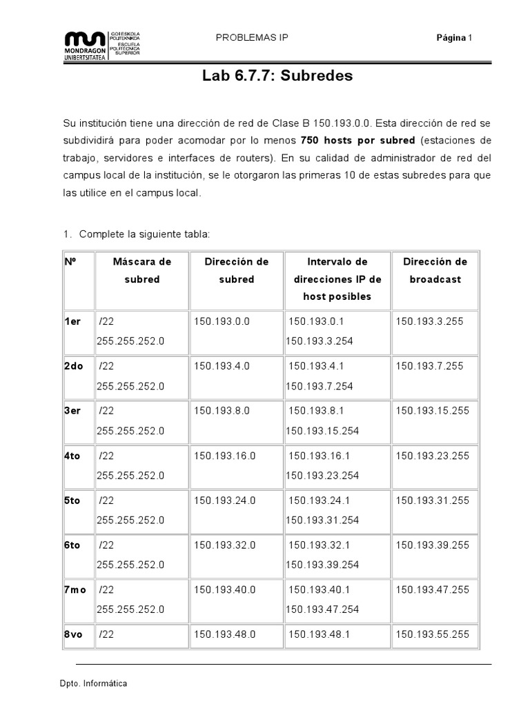 Lab 6 - 7 - 7 Subnet | PDF | Dirección IP | Transmisión de datos
