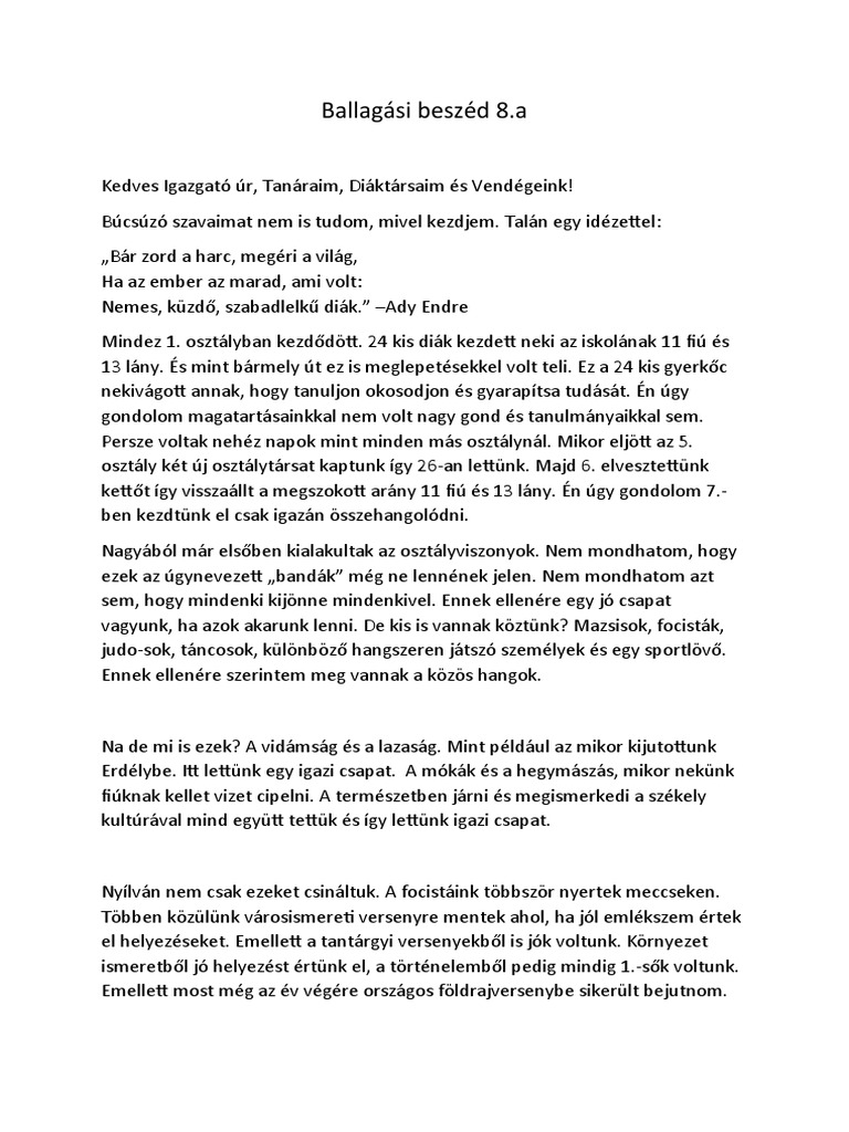 Ballagási Beszéd 8 | PDF