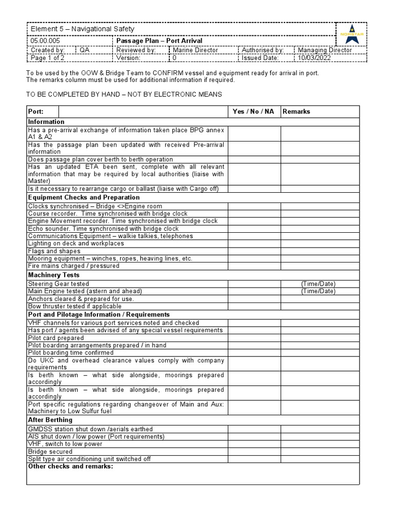 Port Arrival Passage Plan Checklist | PDF | Manufactured Goods | Transport