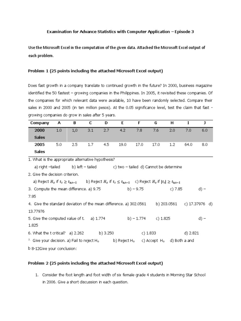 Examination For Advance Statistics With Computer Application | PDF ...