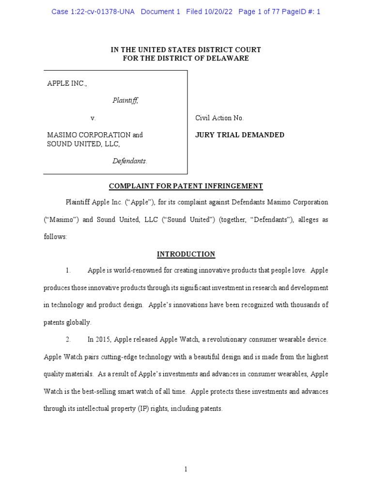 Apple V Masimo Corporation and Sound United, Patent Infringement | PDF ...