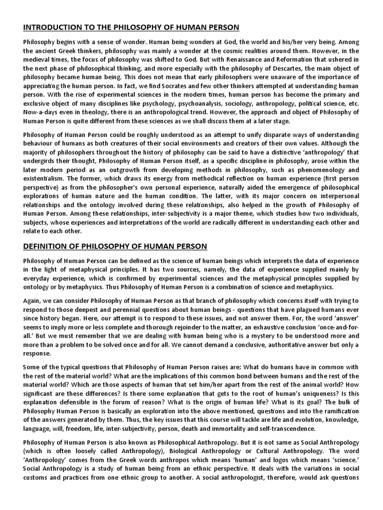 Introduction To The Philosophy of Human Person | PDF | Anthropology ...