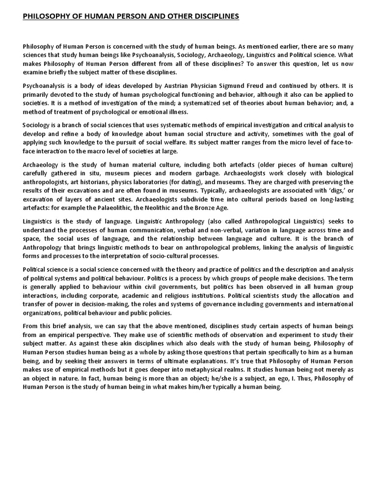 Philosophy of Human Person and Other Disciplines | PDF | Anthropology ...
